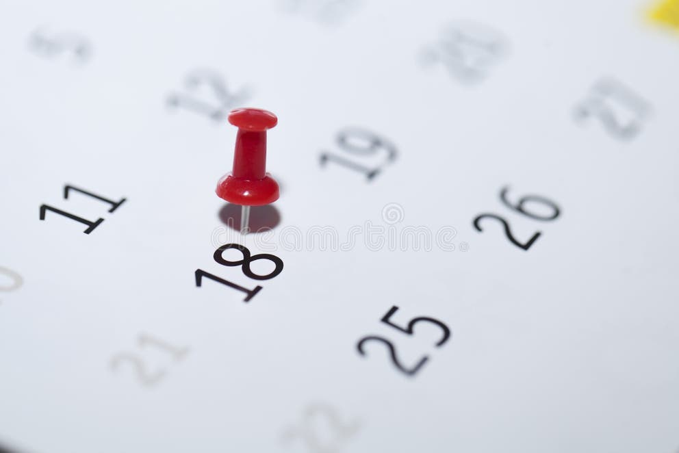 Red Thumb Tack on Calendar Page Stock Image - Image of straight, macro ...