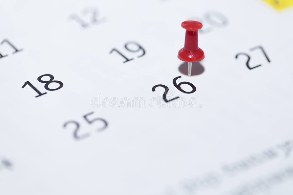 Red Thumb Tack on Calendar Page Stock Photo - Image of organizer ...