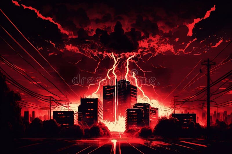 Red Thunder Cityscape the Burning City Digital Art Style, Vector Flat ...