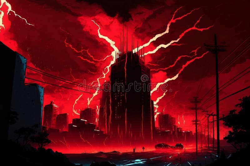Red Thunder Cityscape - a Burning City in Digital Art Style. AI Stock ...