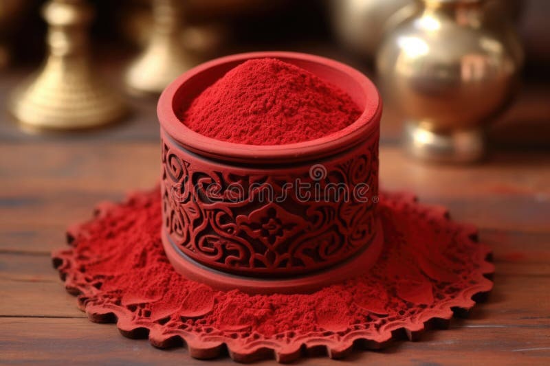 Red Tilak Powder in a Carved Wooden Container Stock Image - Image of ...