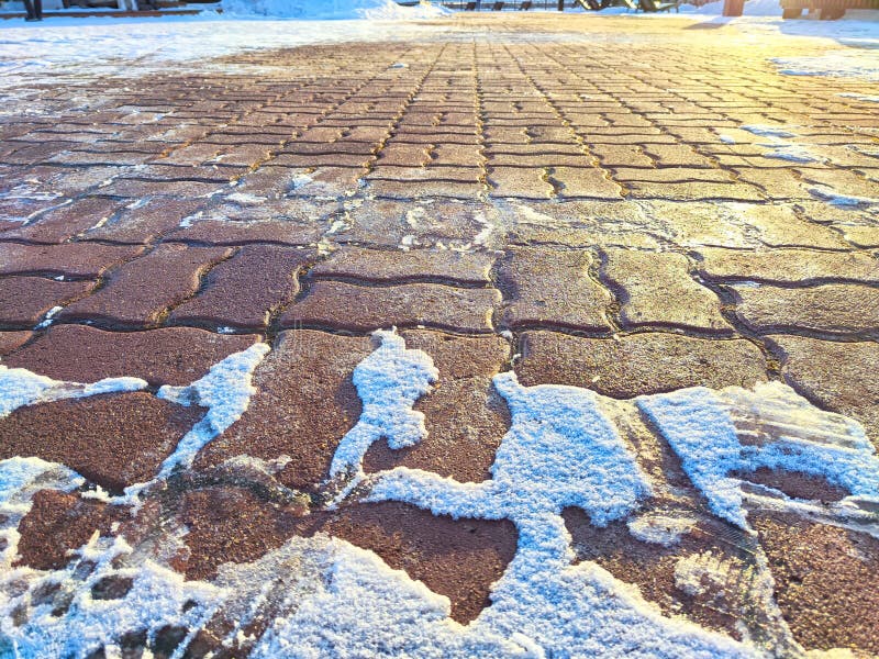 Red Tile Pavement with Snow. Background, Texture, Pattern, Copy Space ...