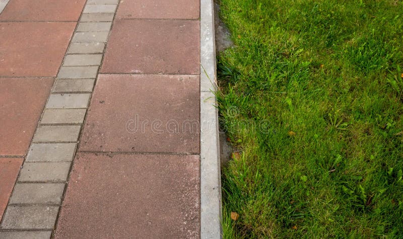 Red Tile Sidewalk with Green Lawn.City Sidewalk Stock Photo - Image of ...