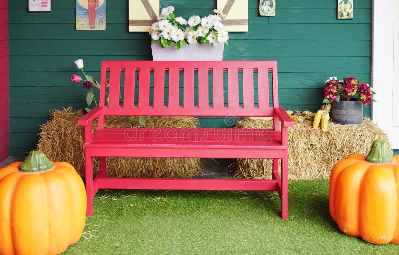 Red timber bench seating stock photo. Image of home, flower - 49238492