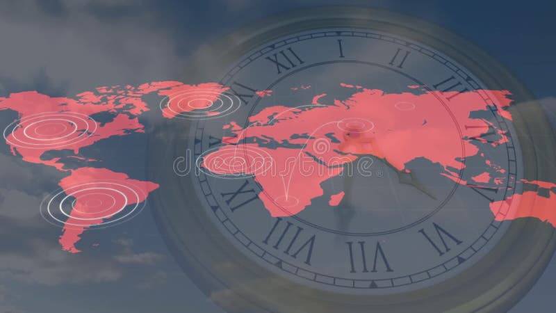 Red-tinted World Map Rotating with White Concentric Targets Over ...