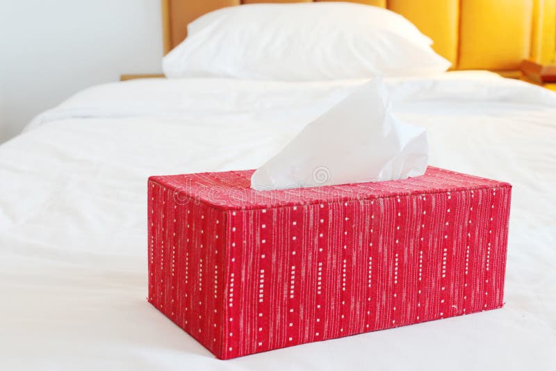 Red Tissue Paper Box on Spacious Bed Stock Image - Image of decorative ...