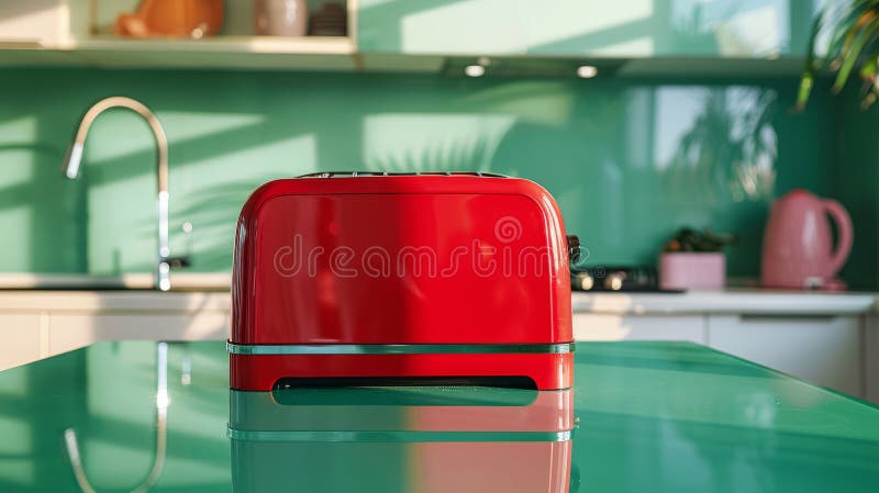 Red Toaster on Green Kitchen Countertop in Modern Kitchen. Stock Photo ...