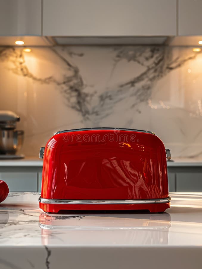 A Red Toaster on a Marble Kitchen Countertop Stock Image - Image of ...