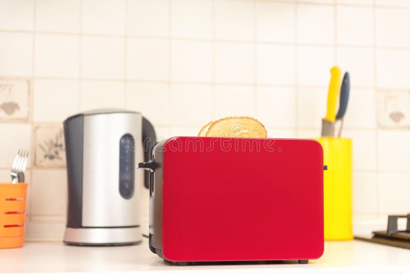 Red Toaster with Ready Toasts in the Kitchen Stock Image - Image of ...