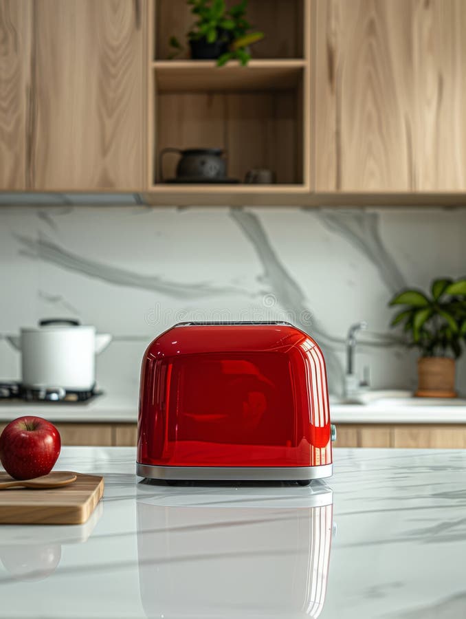 Red Toaster on White Marble Countertop with an Apple in Modern Kitchen ...