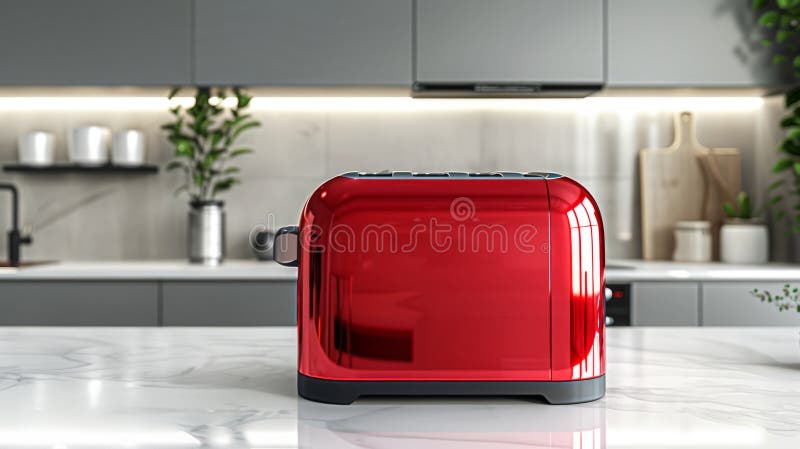 Red Toaster on a White Marble Countertop in a Modern Kitchen. Stock ...
