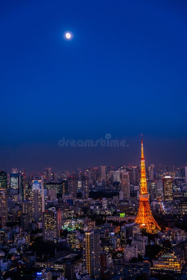 Red Tokyo Tower with the Moon in the Twilight Scene and City View ...