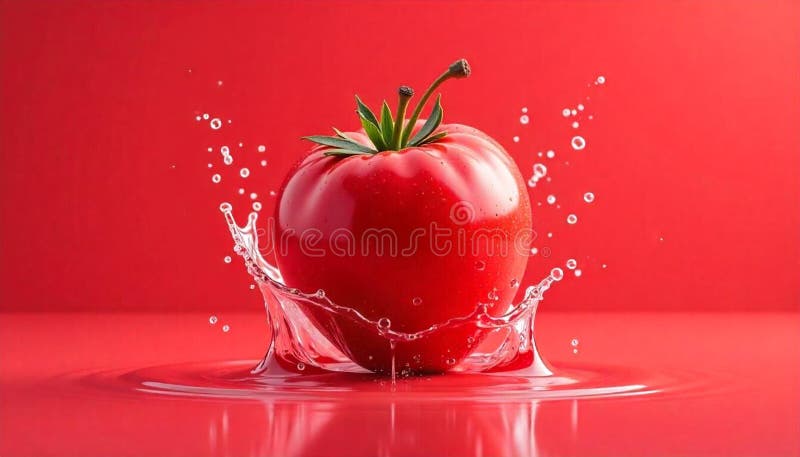Red Tomato Falling into Red Liquid with Splashing Drops Stock ...