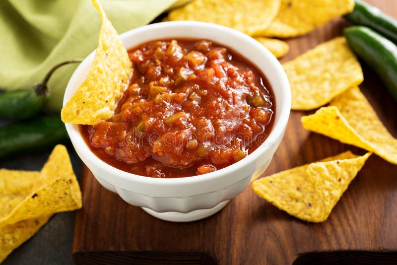 Red Tomato Spicy Salsa with Chips Stock Image - Image of cuisine, dark ...