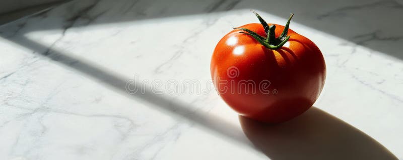 Red Tomato on a Sunlit Marble Surface, Morning Light Concept Stock ...