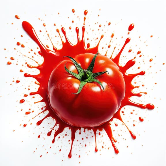 Red Tomato with Vibrant Red Splatter on White Background. Dynamic ...