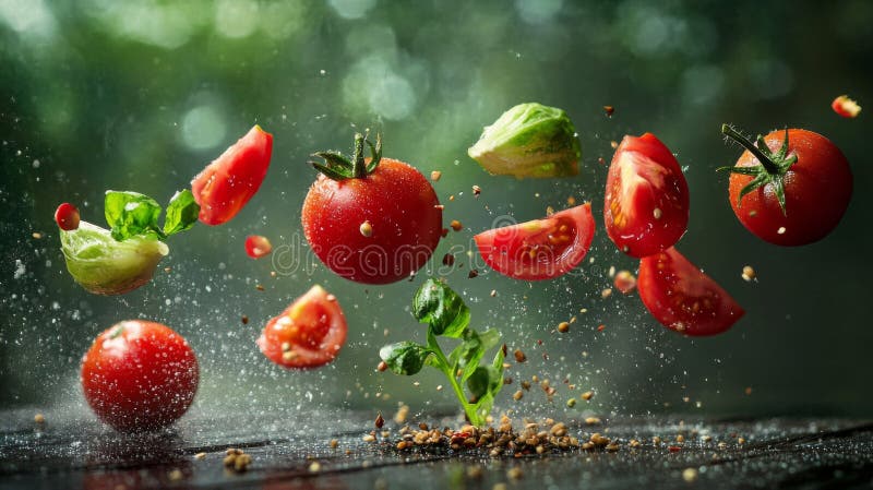 Red Tomatoes and Green Herbs Flying in Air Stock Illustration ...