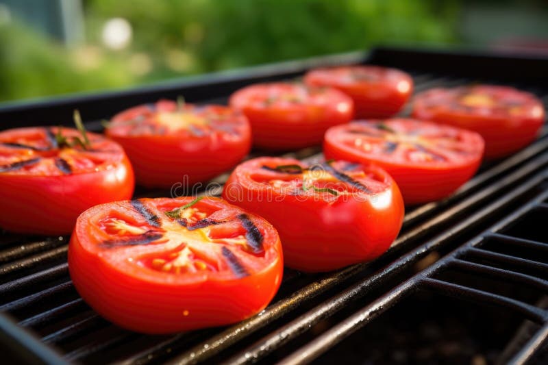 Red Tomatoes on a Grill, Close-up, Featuring Heat Waves Stock Photo ...