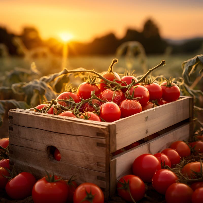 Red Tomatoes Harvested in a Wooden Box with Field and Sunset in the ...