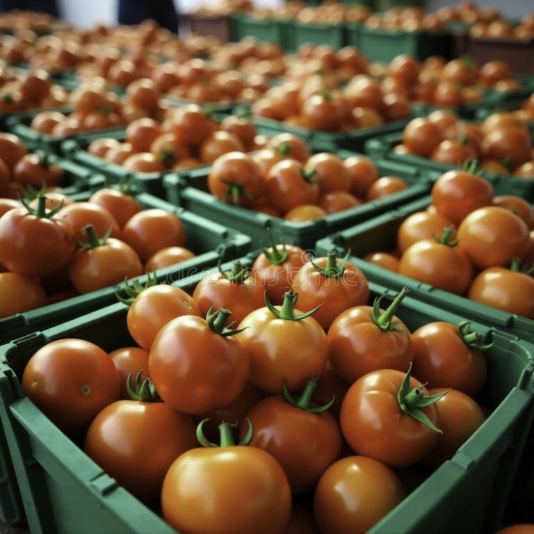Red Tomatoes Piled High in Large Plastic Boxes, Packaging, Greenery ...