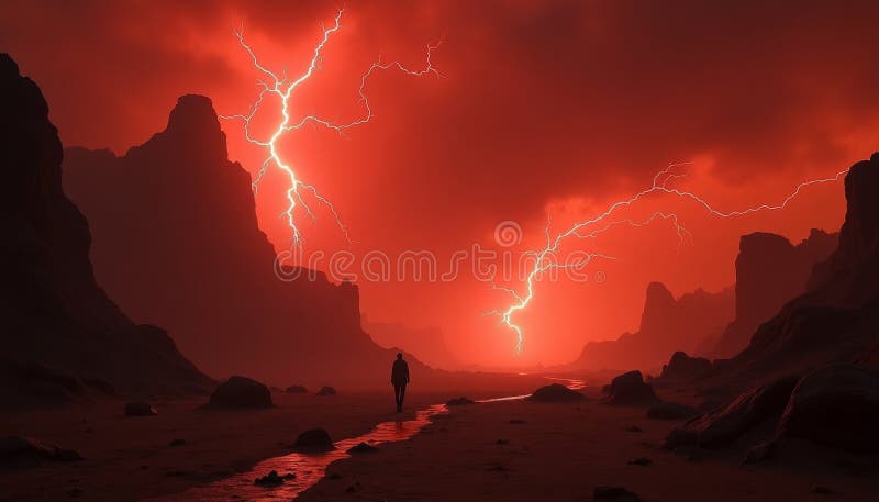 Red-toned Mayan End Times, Lightning and Space Rock Stock Image - Image ...