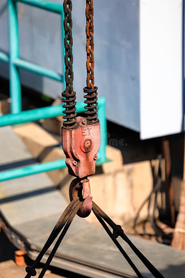 Red 5 Tons Industrial Hook with Chains or Chain Hoist on Duty at ...