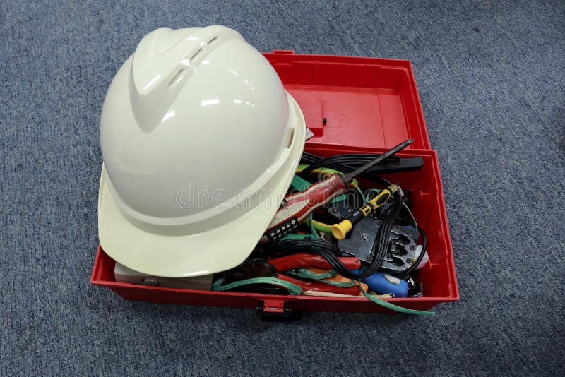 A Red Tool Box and a Work Helmet Stock Image - Image of repairing ...