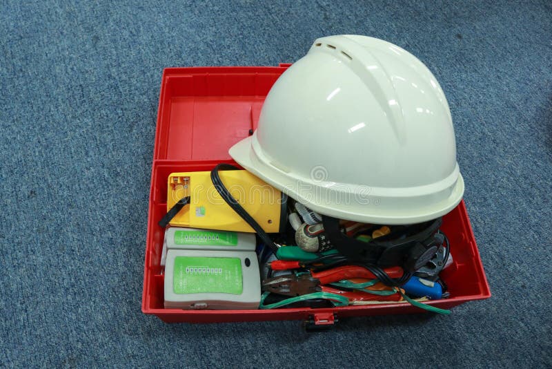 A Red Tool Box and a Work Helmet Stock Photo - Image of toolbox, home ...