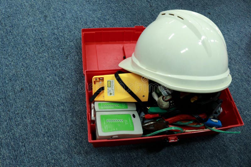 A Red Tool Box and a Work Helmet Stock Photo - Image of stapler, plug ...