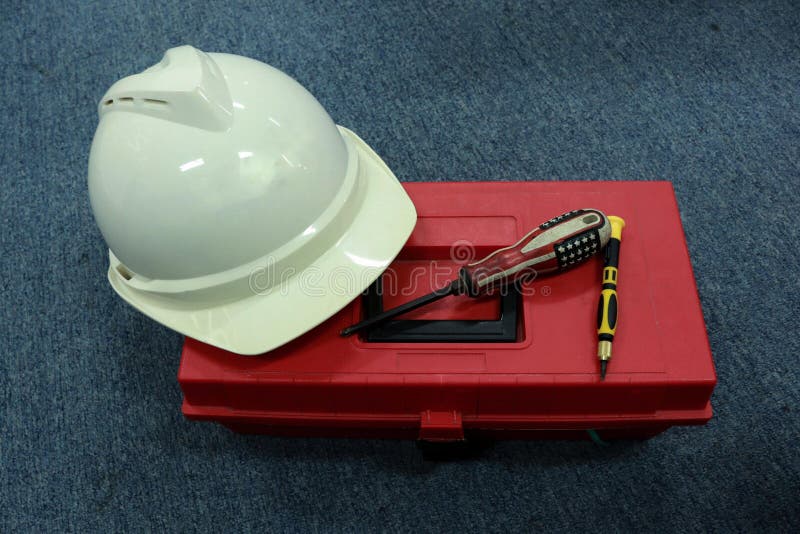 A Red Tool Box and a Work Helmet Stock Photo - Image of gadget, working ...