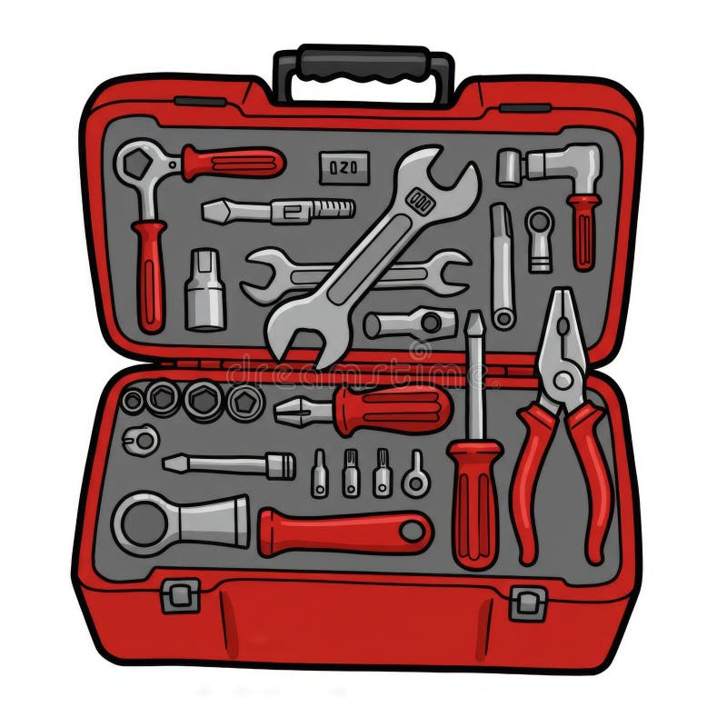 Red Tool Kit with Various Hand Tools Stock Illustration - Illustration ...