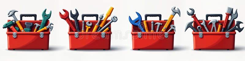Red Toolbox Full of Assorted Tools. Variety of Tools Like Wrenches ...