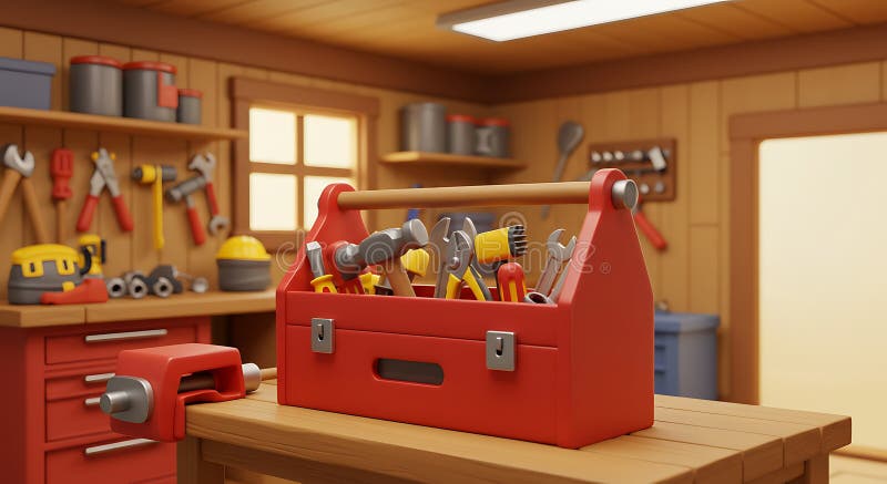 Red Toolbox Full of Tools Sitting on Wooden Table in Workshop Stock ...