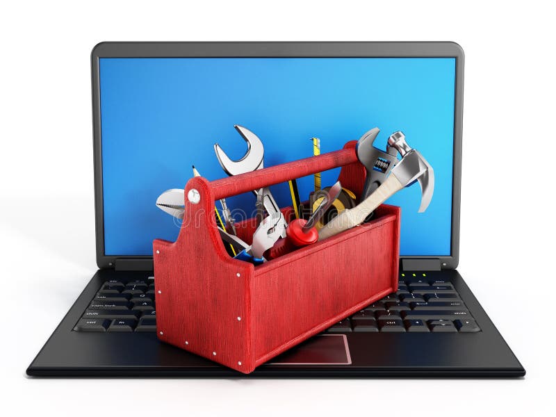 Red Toolbox Standing on Laptop Computer Stock Image - Image of wrench ...