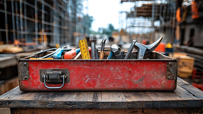 Red Toolbox with Various Construction Tools on a Wooden Surface at a ...