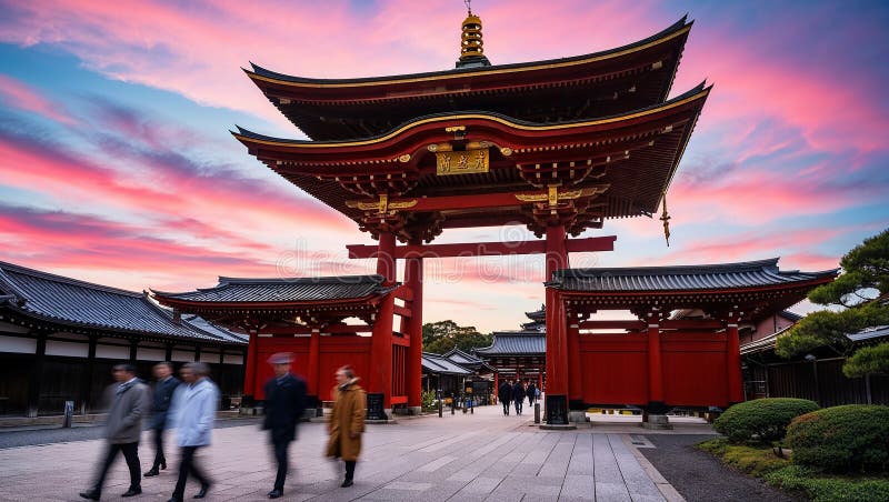 Red Torii Gate at Dusk with People Walking on Stone Path Stock ...