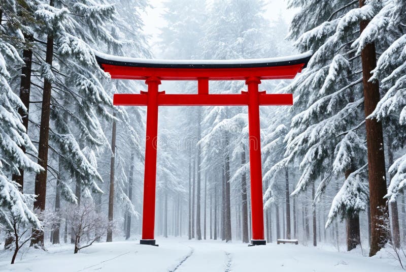 Red Torii Gate in Snowy Forest Stock Illustration - Illustration of ...