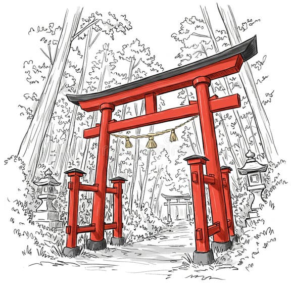 A Red Torii Gate Stands Prominently in a Forest Setting, Characterized ...