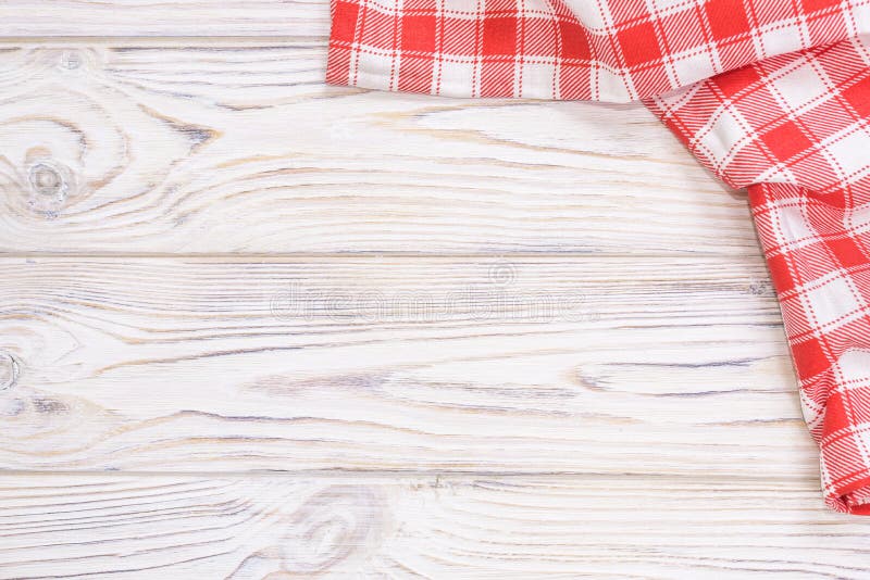 Red Towel Over Wooden Kitchen Table. View from Above with Copy Space ...