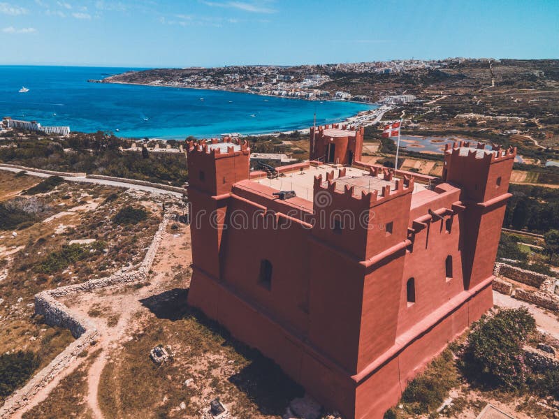 The Red Tower in the Country of Malta Stock Image - Image of comino ...