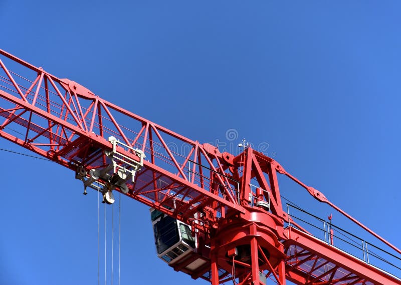 Red Tower Crane Boom and Vertical Tower Body. Clear Blue Sky. White ...