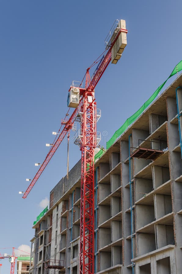 Red Tower Crane in Construction Site Stock Image - Image of housing ...