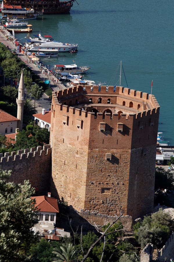 Red Tower and Walls in Alanya Stock Image - Image of landmark, historic ...
