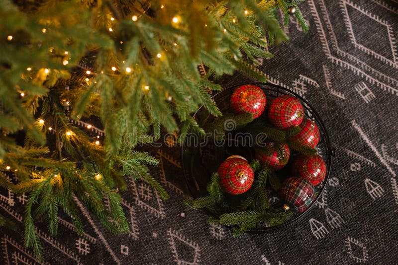 Red Toy Balls are Lying Under the Christmas Tree in a Box. Top View ...