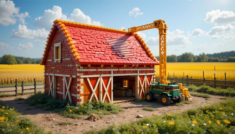 Red Toy Barn with Tractor in Yellow Field Stock Illustration ...
