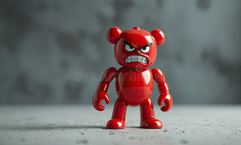 A Red Toy Bear with an Angry Face is Standing on a Grey Surface. Stock ...