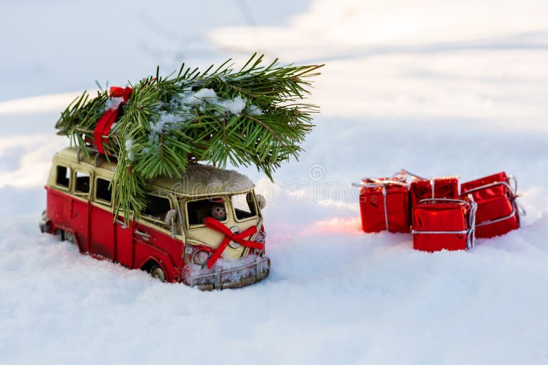 Red Toy Bus with a Christmas Tree on the Snow Stock Image - Image of ...
