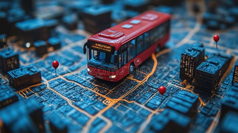 Red Toy Bus Model on Miniature City Map with Location Pins Stock ...