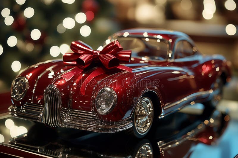 Red Toy Car with Red Bow on Hood Sitting on Reflective Surface Stock ...