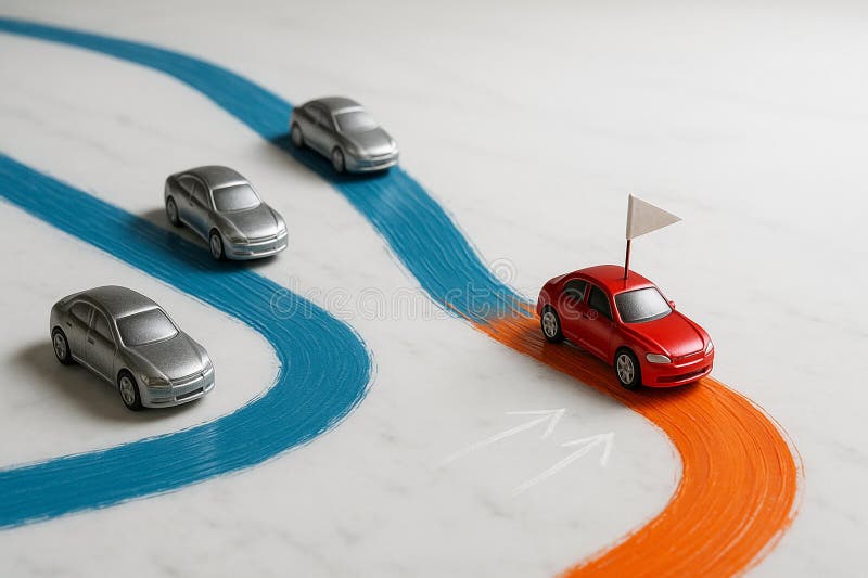 Red Toy Car with Flag Deviating from Blue Traffic Stream, Symbolizing ...
